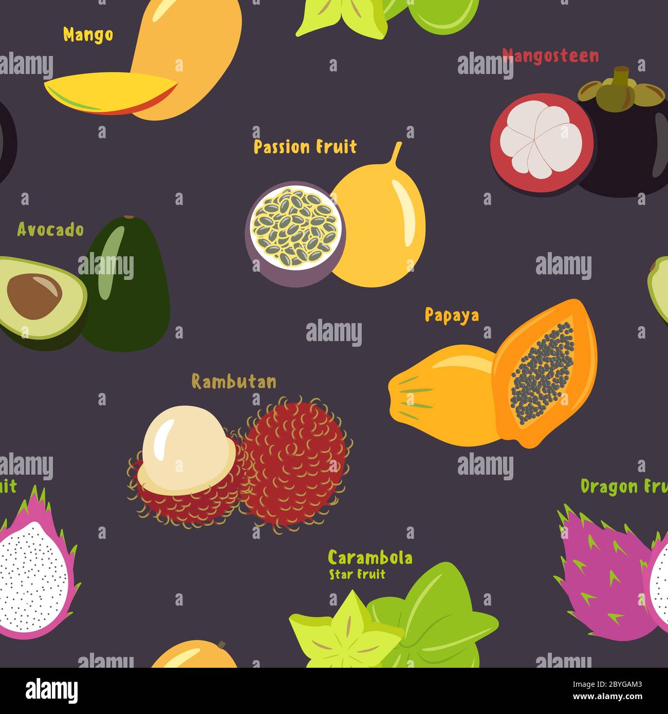 Seamless pattern of exotic tropical fruits on a violet color bac Stock ...