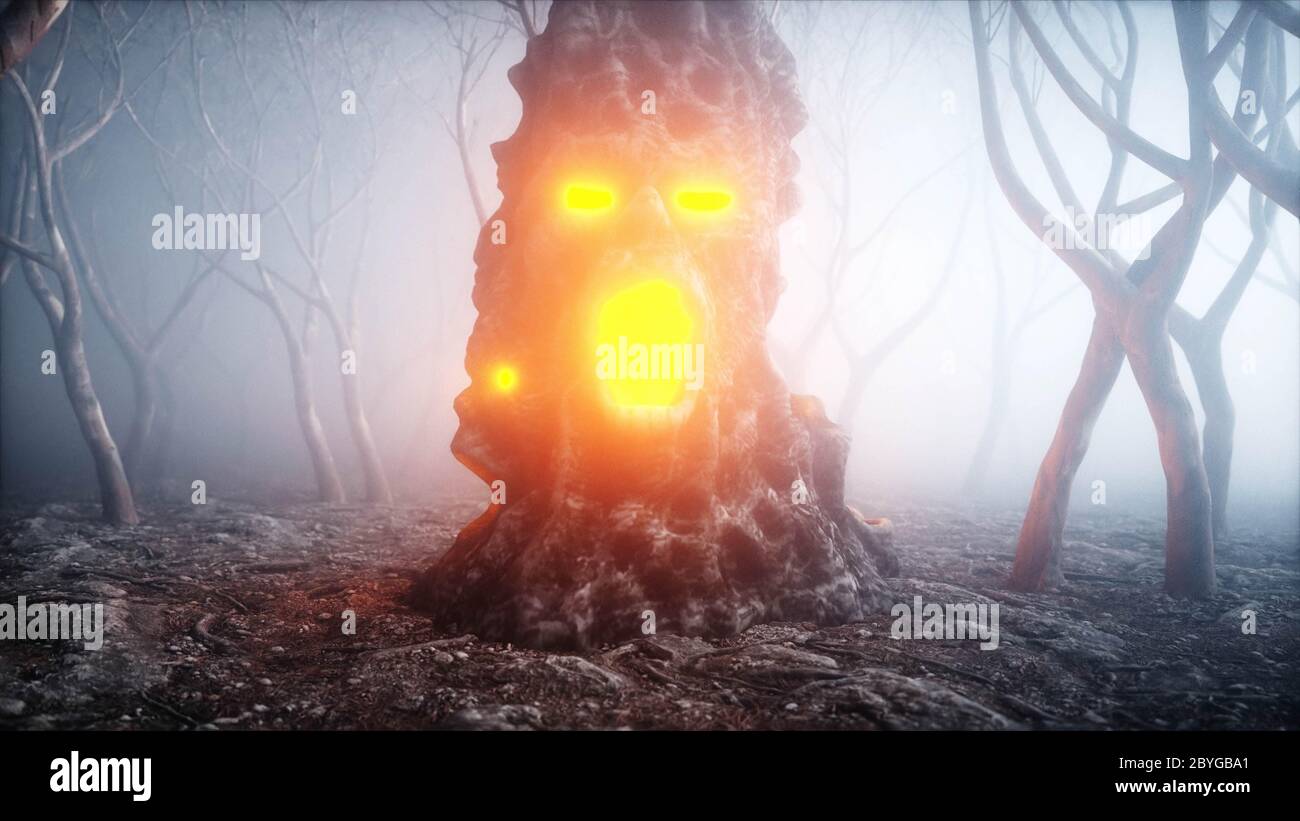 stone screaming head in fog night forest. Fear and horror. Mistyc ...