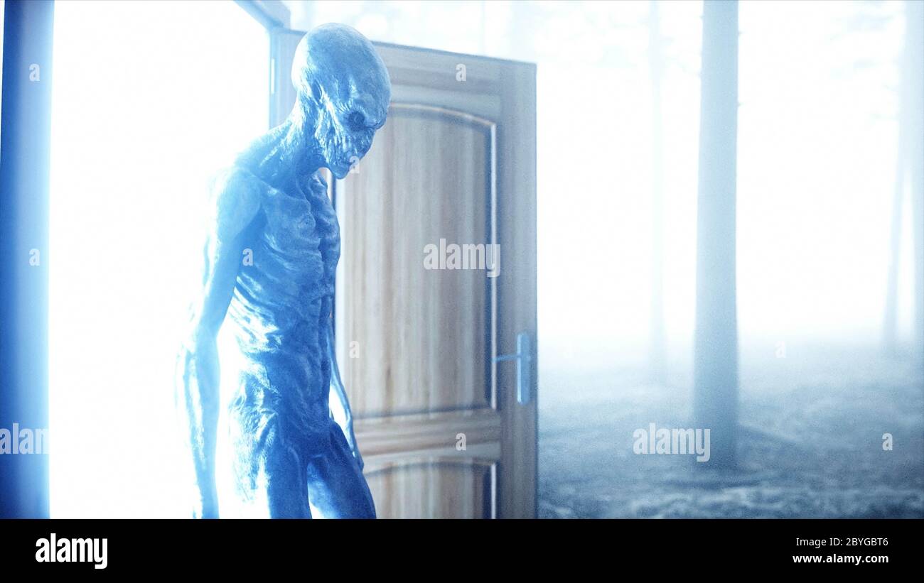Alien in fog night forest. Light portal door. UFO concept. 3d rendering ...