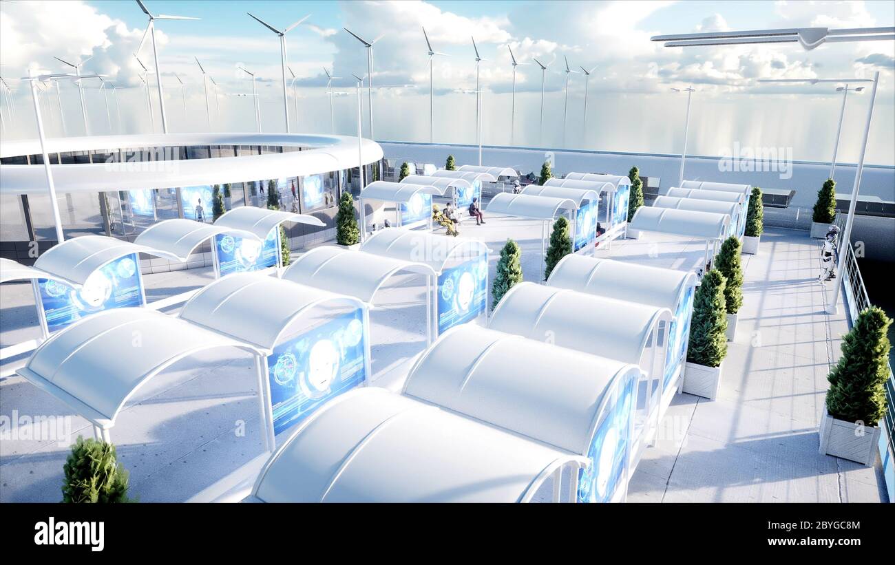 People and robots. Sci fi station. Futuristic monorail transport ...
