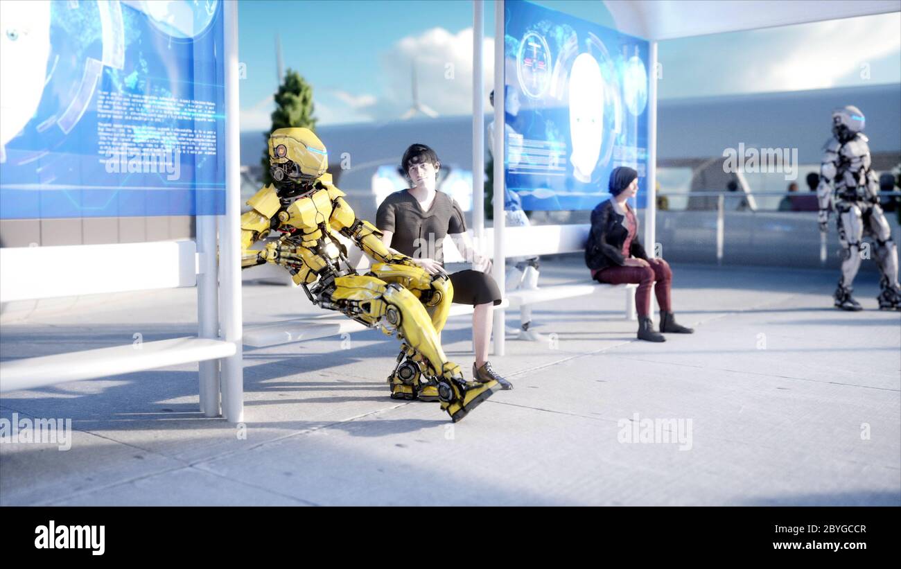 People and robots. Sci fi station. Futuristic monorail transport ...