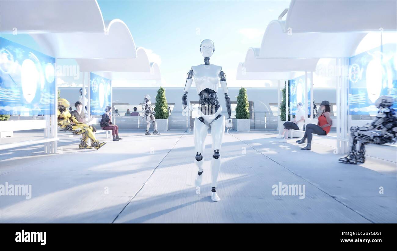 Female robot walking. Sci fi station. Futuristic monorail transport ...