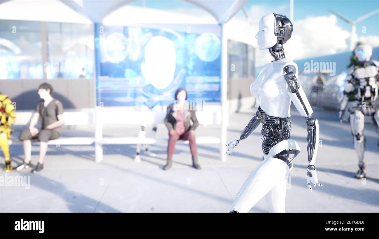 Female robot walking. Sci fi station. Futuristic monorail transport ...