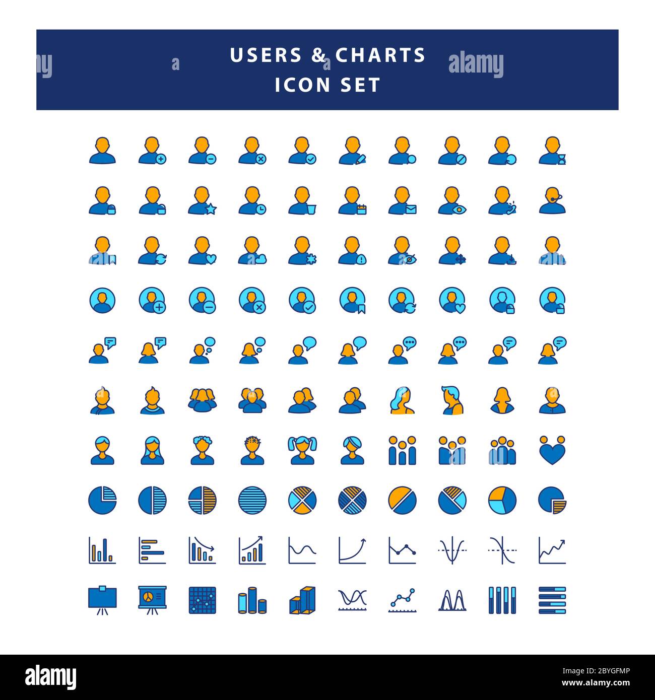 Set of Users and Charts icon with filled outline style design vector ...