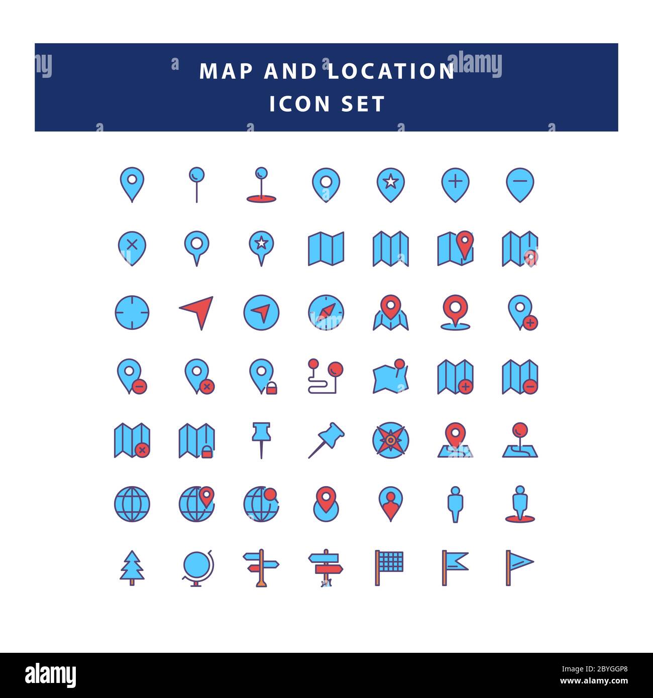 set of Map and navigation icon with filled outline style design vector ...