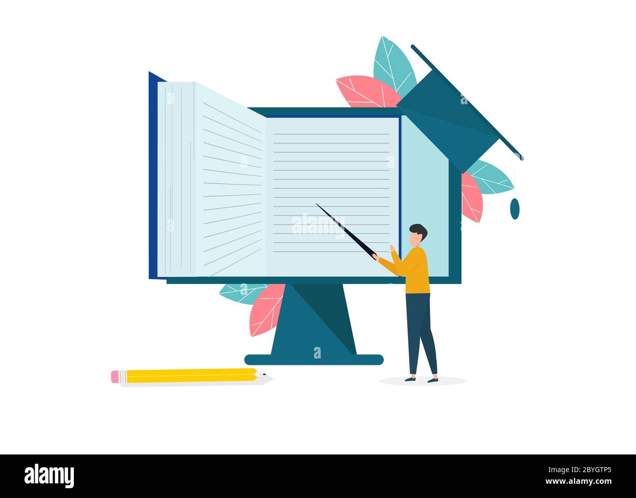 Teacher pointing at computer monitor with notebook on screen against ...