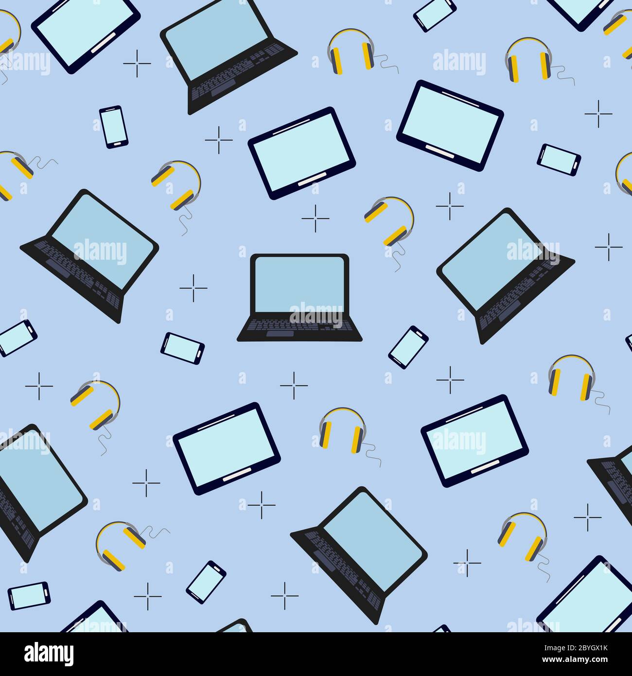 Vector seamless pattern with laptop computers, headphones and mobile ...