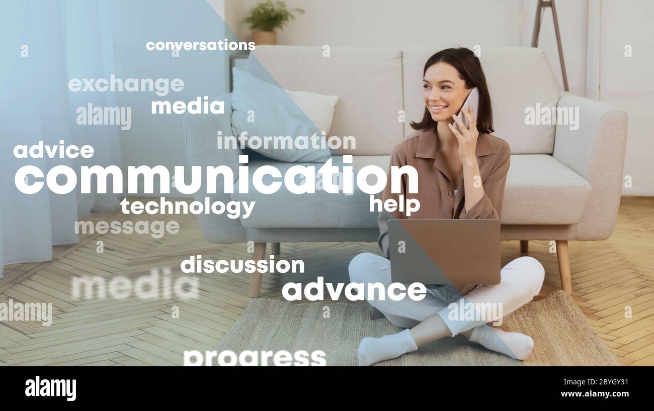 Woman using laptop and smartphone for online work,collage with ...