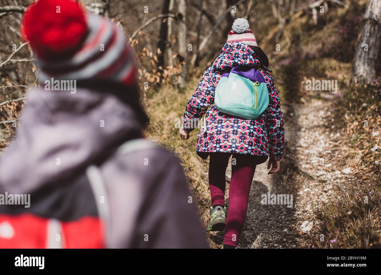 Children hiking in the mountains or woods on family trip. Active family ...
