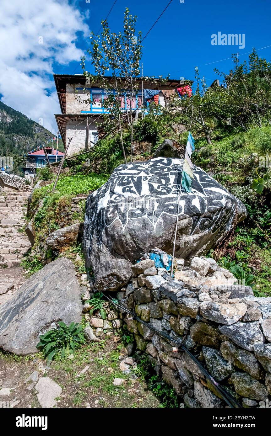 Nepal. Island Peak Trek. Mani Stone prayer walls with the Buddhist ...