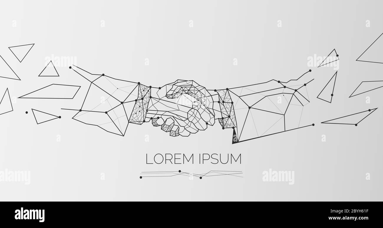Geometric illustration of two businessmen handshake over grey ...