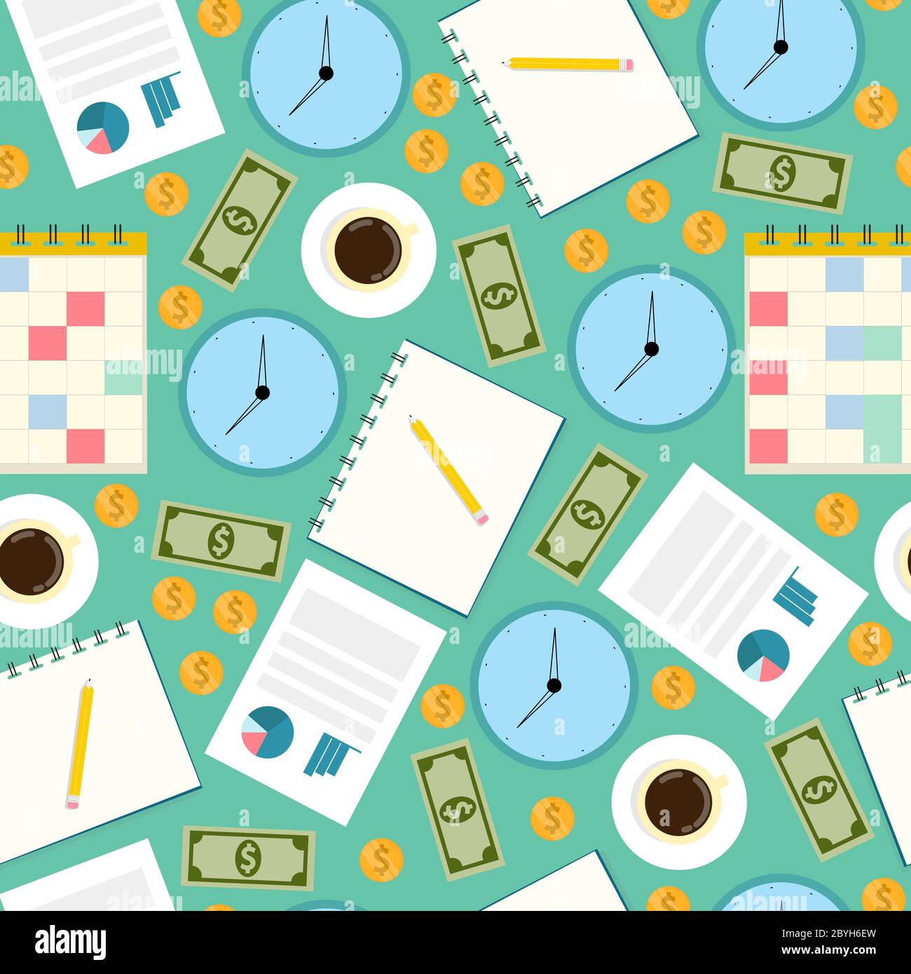 Money, documents, clocks and office items on turquoise background ...