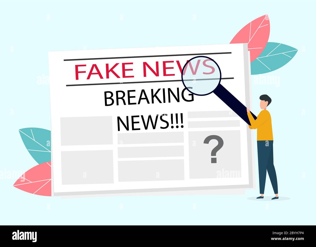 Guy with magnifying glass reading fake news in newspaper, white ...