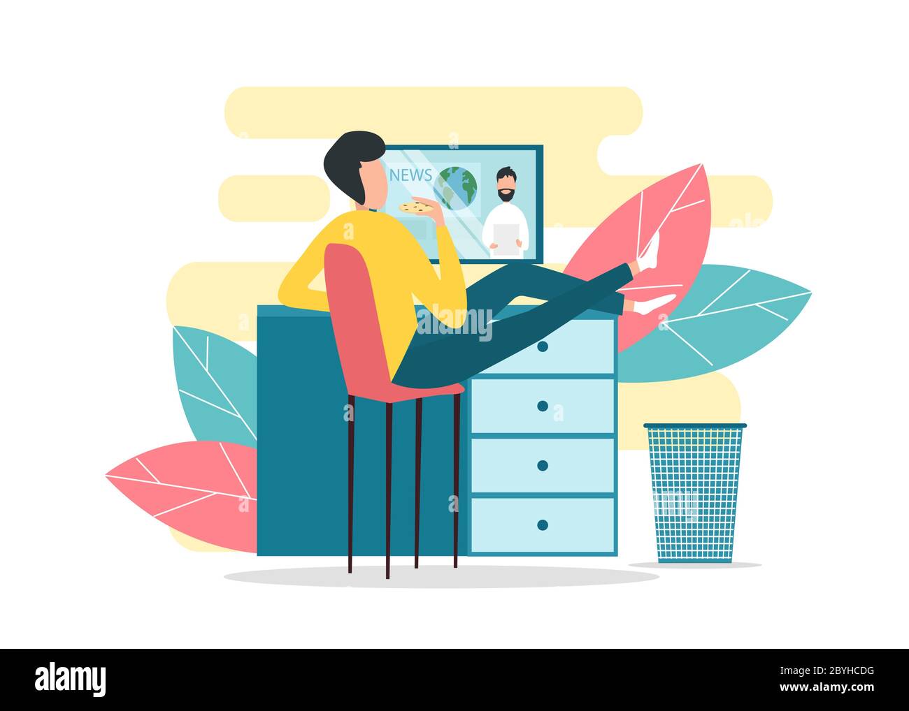Guy watching news on television at home, vector illustration in flat ...