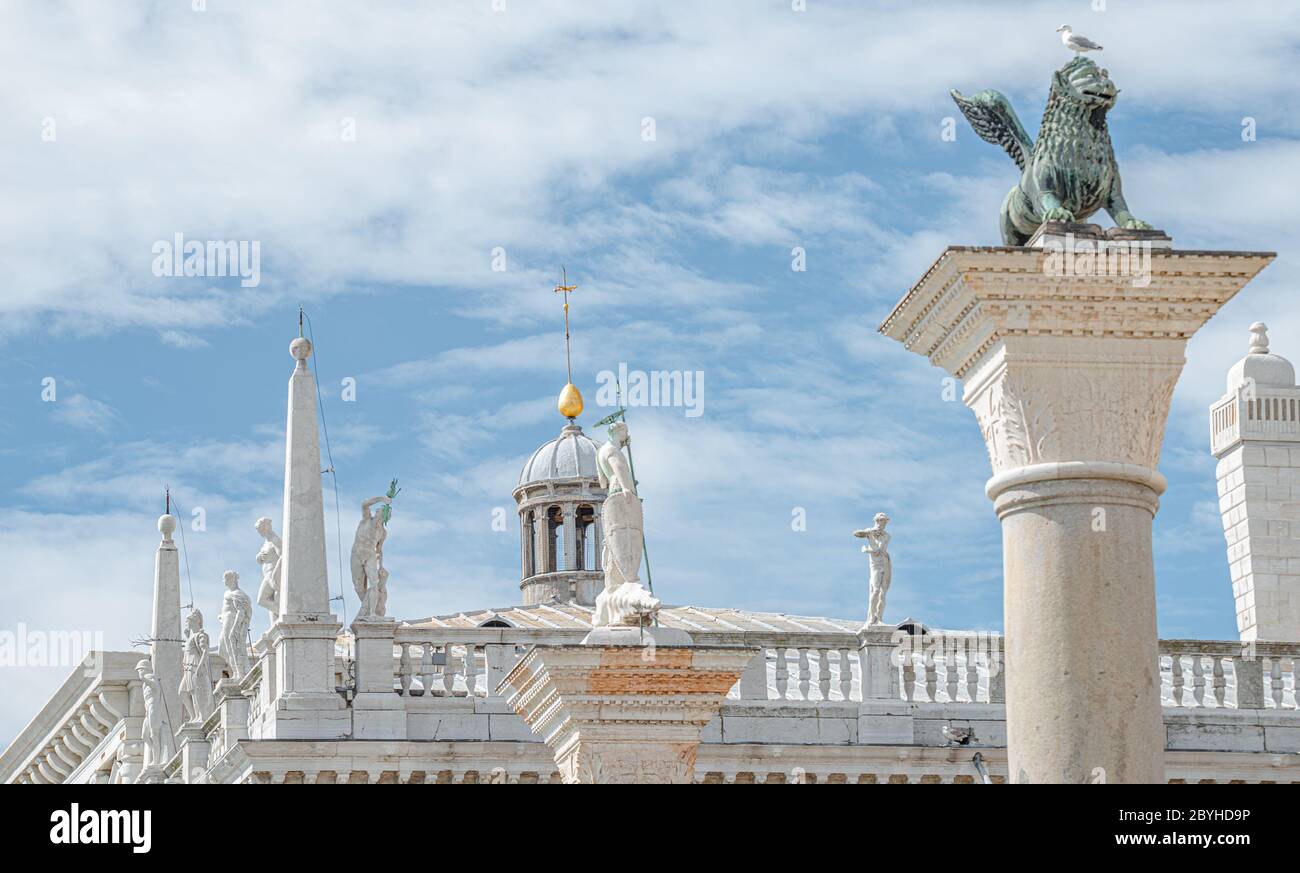 Panoramic view over San Marco square roof top towers, sculptures and ...