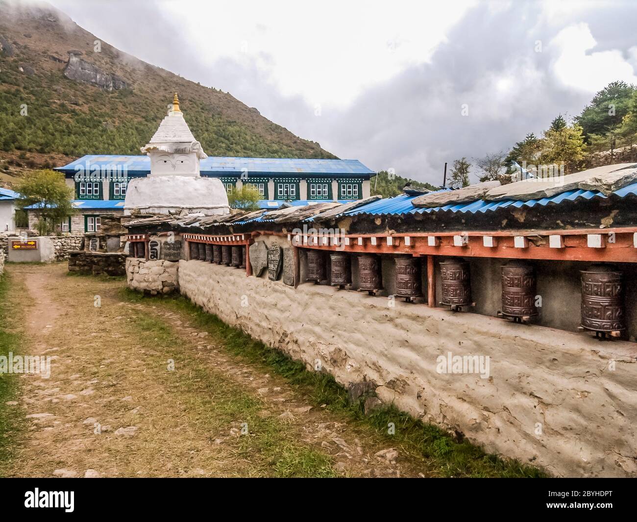 Nepal. Island Peak Trek. Prayer Wheels at Namche Bazaar township at the ...