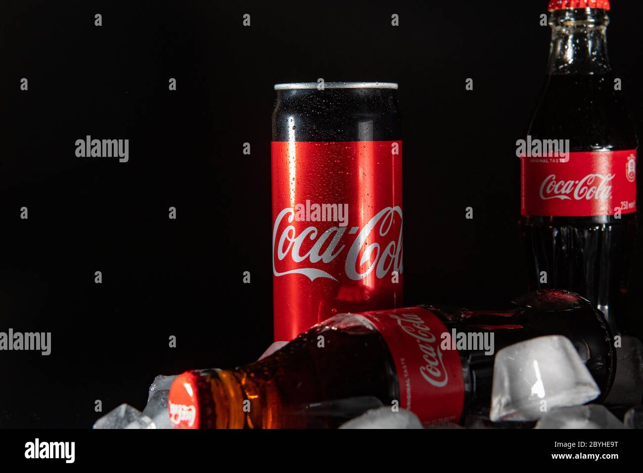 Lviv, Ukraine - May 21, 2020: two glass bottle one metal and of coca ...