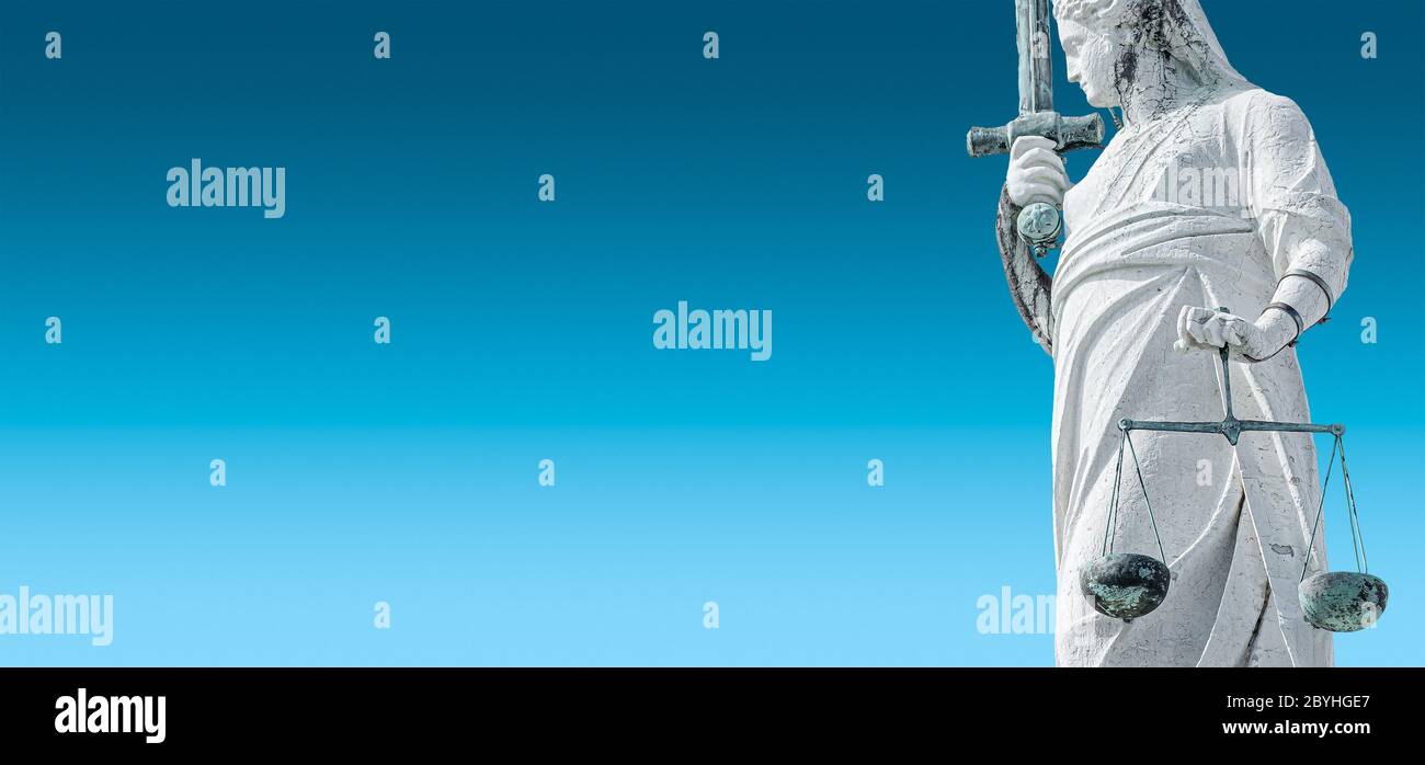 Banner with ancient statue of goddess Justice with sword and scale ...