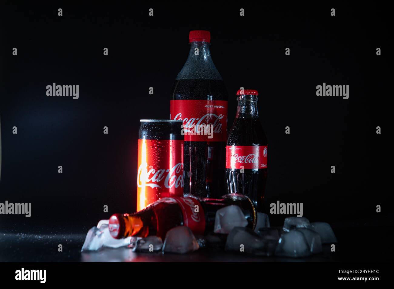 Lviv, Ukraine - 21, 2020: different size bottles of coca cola in ice at ...