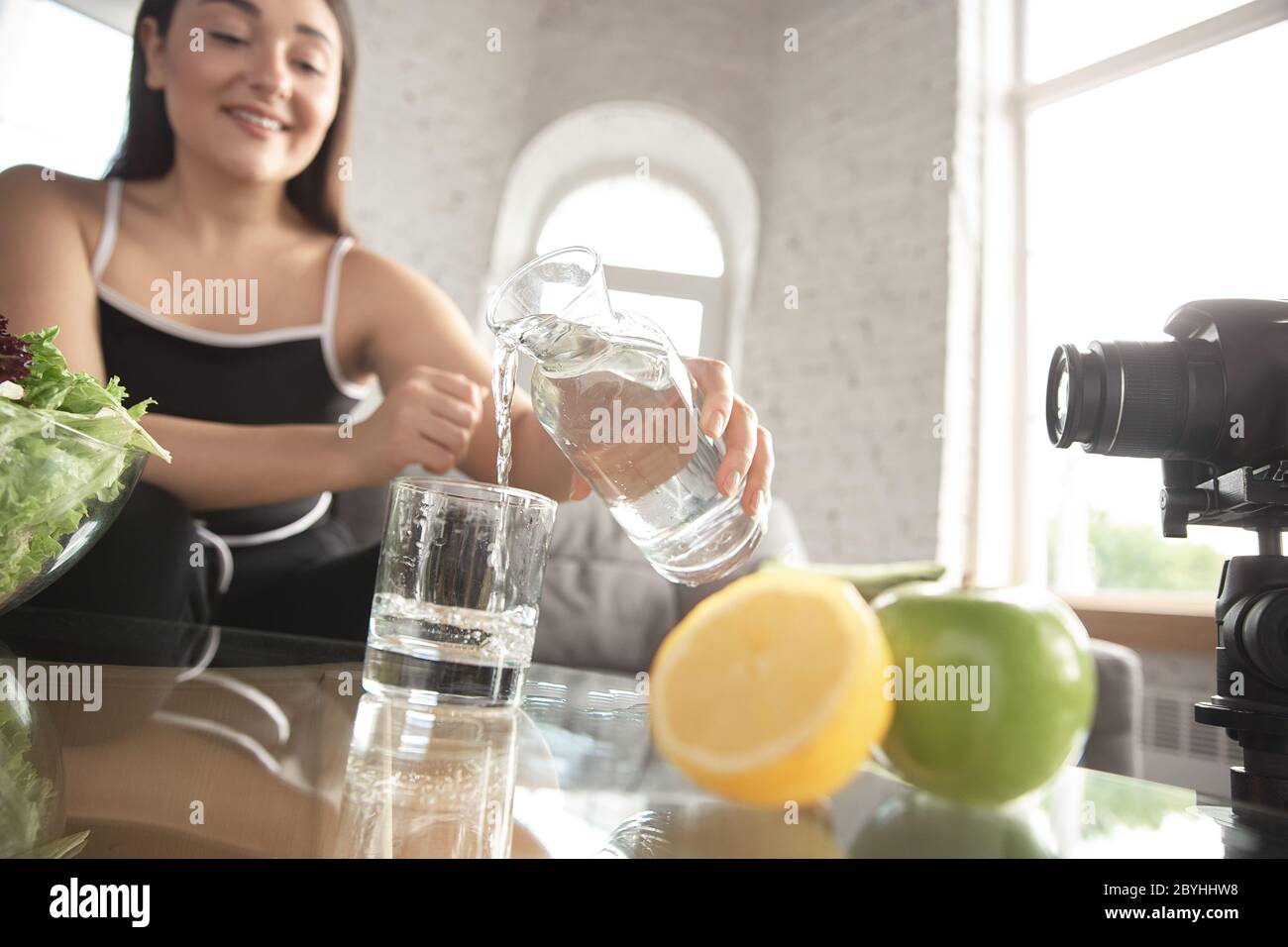 Organic. Caucasian blogger, woman make vlog how to diet and lost weight ...