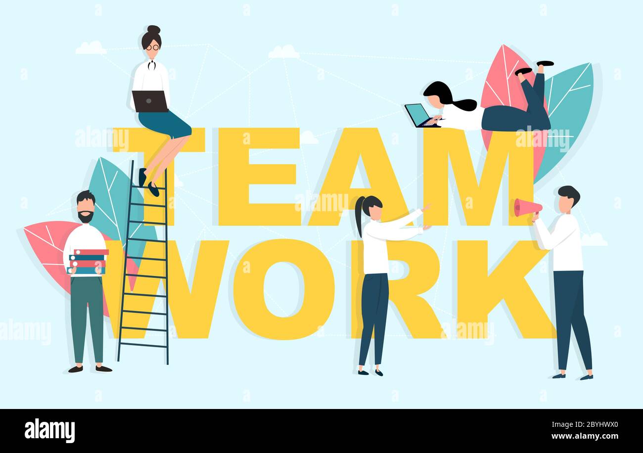 Working together. Word TEAMWORK and group of office employees on blue ...