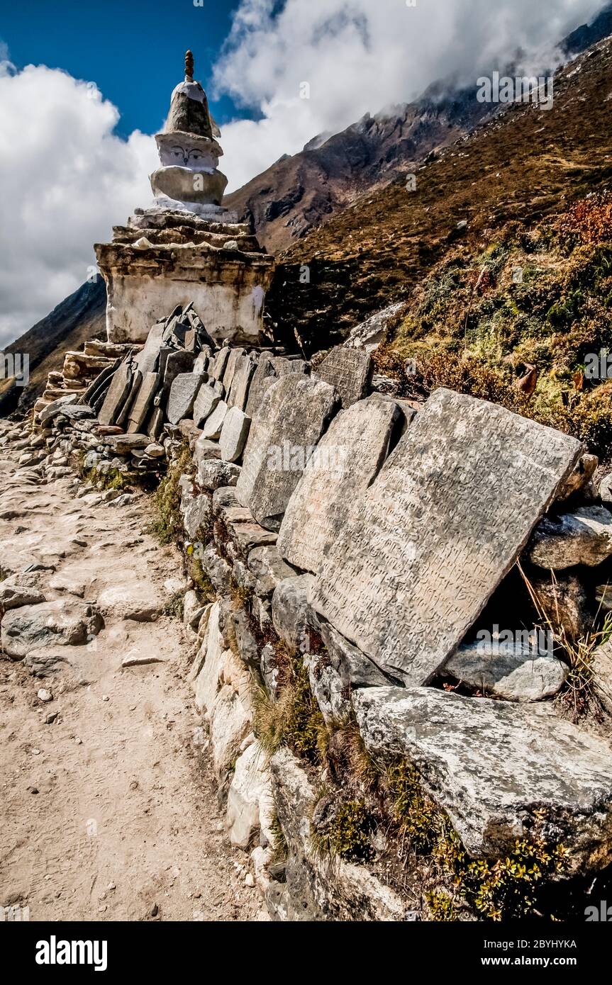 Nepal. Island Peak Trek. Mani Stone prayer walls with the Buddhist ...