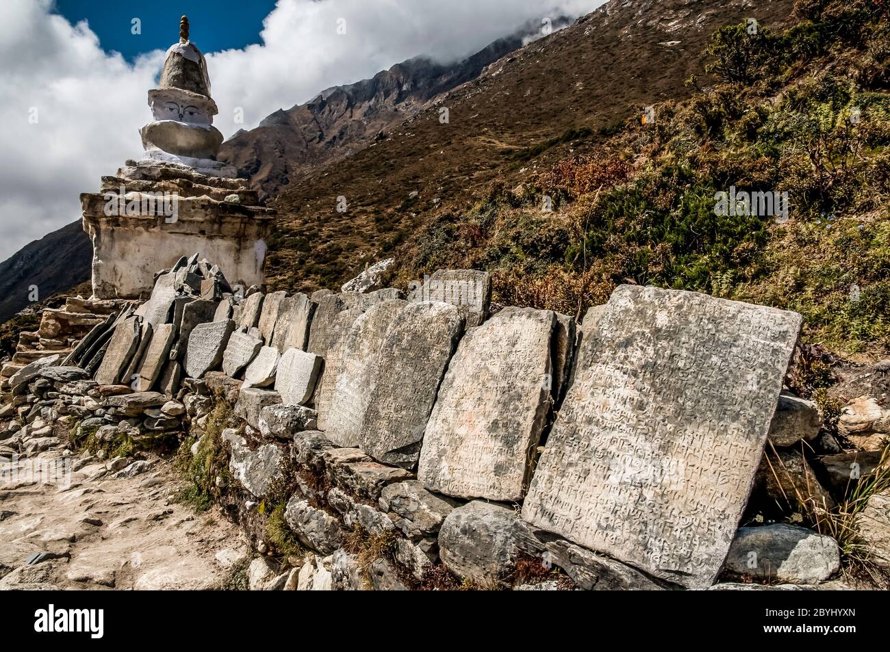 Nepal. Island Peak Trek. Mani Stone prayer walls with the Buddhist ...
