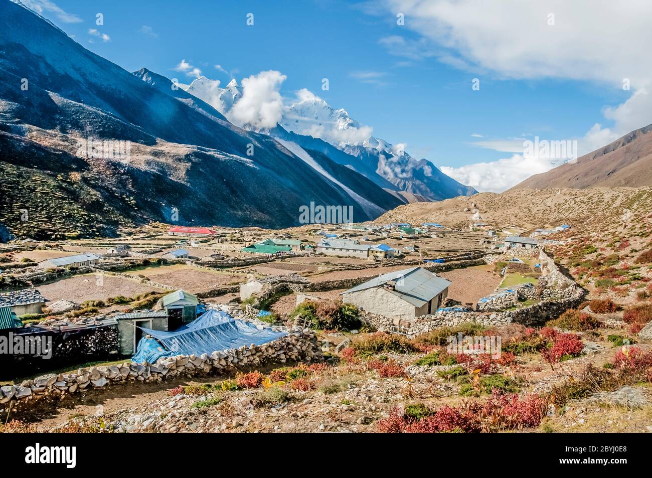 Nepal. Island Peak Trek. Looking across walled field enclosures towards ...