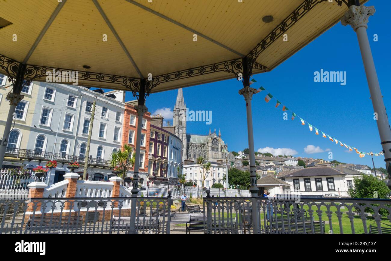 Views of the coastal town of Cobh with the cathedral tower in the ...
