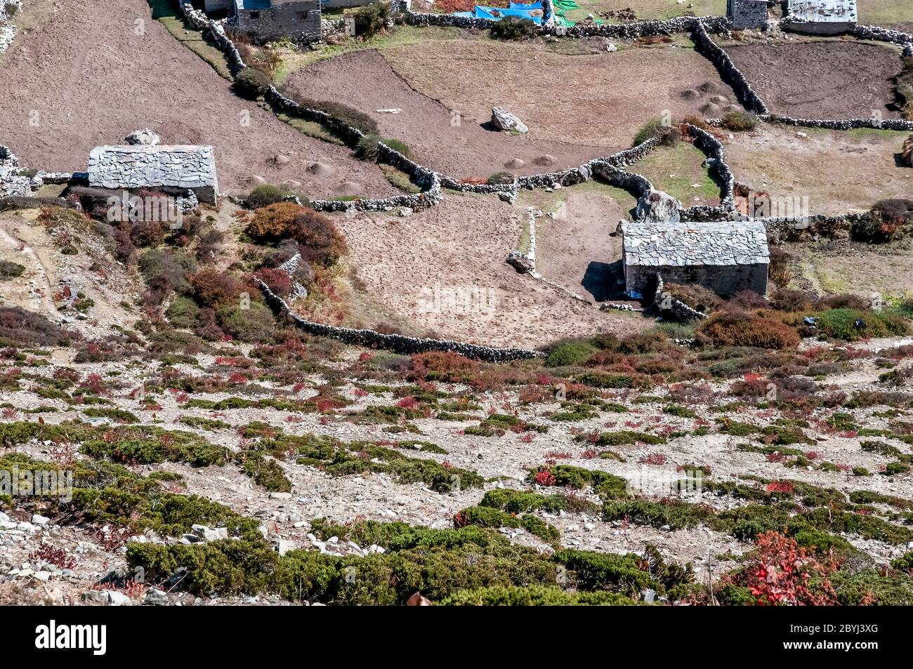 Nepal. Island Peak Trek. Looking down towards the walled field ...
