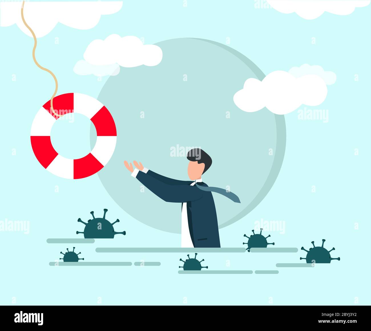 Coronavirus crisis help. Businessman reaching for lifebuoy with viruses ...