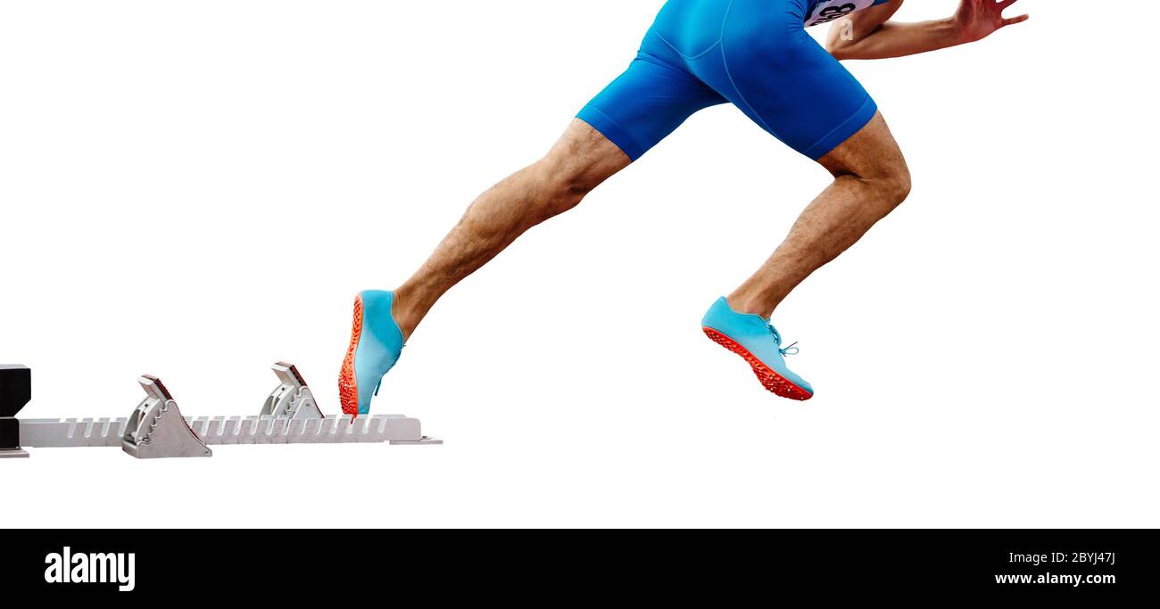 legs male runner sprinter start race from starting blocks on white ...