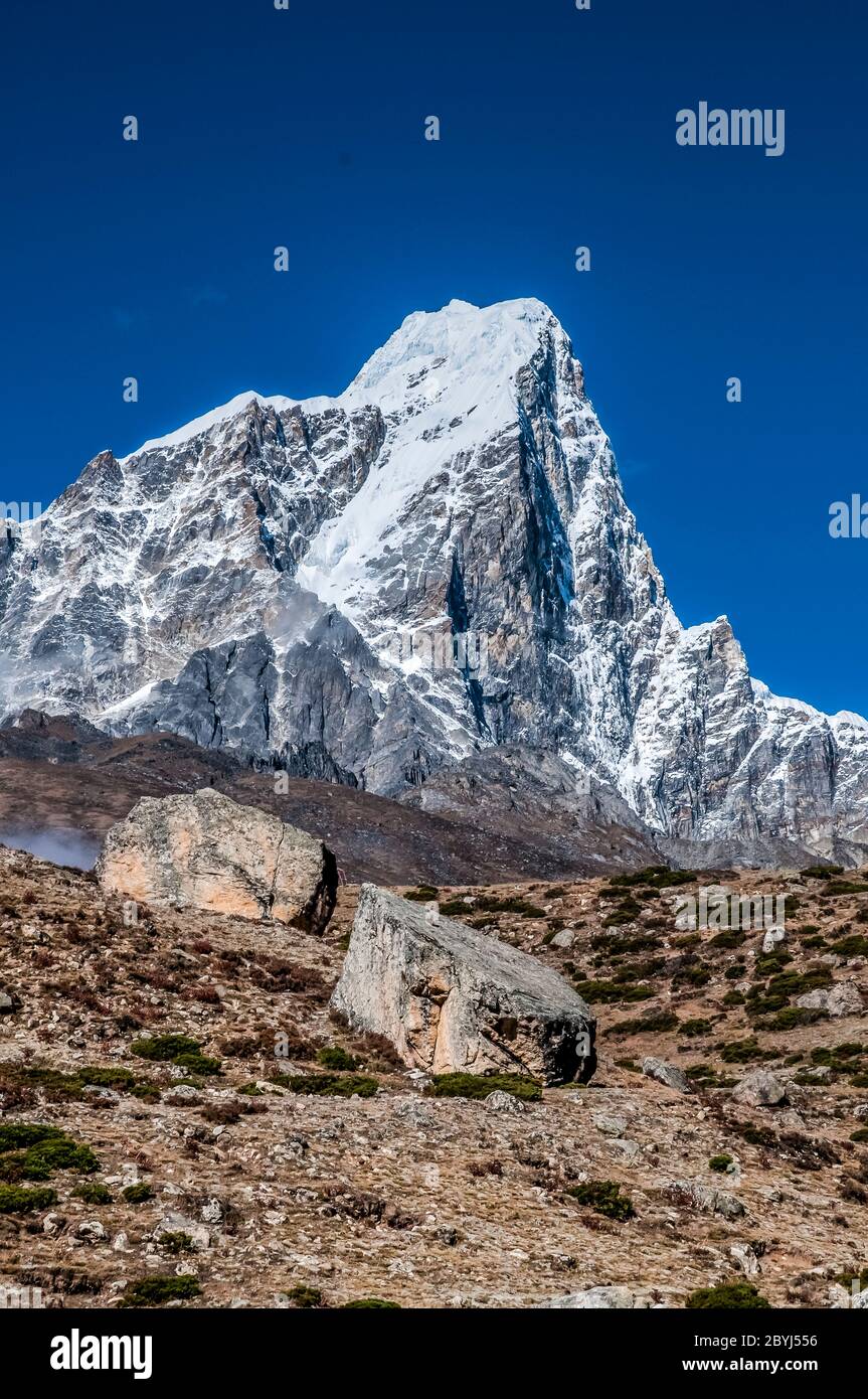 Nepal. Island Peak Trek. The formidable peak of Taboche from above the ...