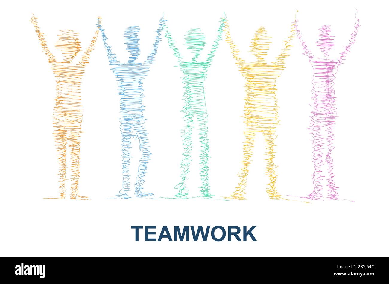 Business team putting hands up freehand pencil sketch, white background ...