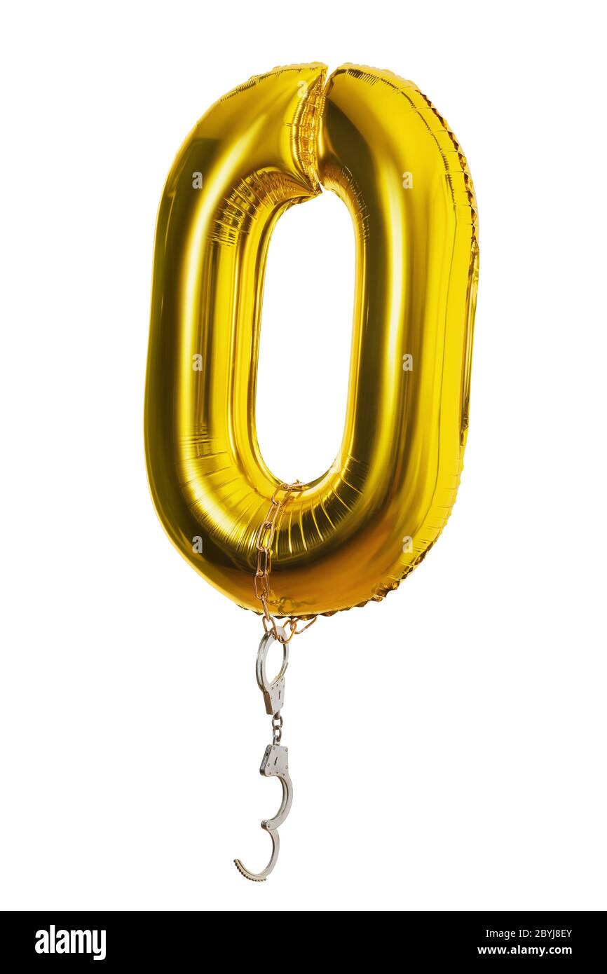 Handcuffs in a balloon isolated on white background. Concept on zeroing ...