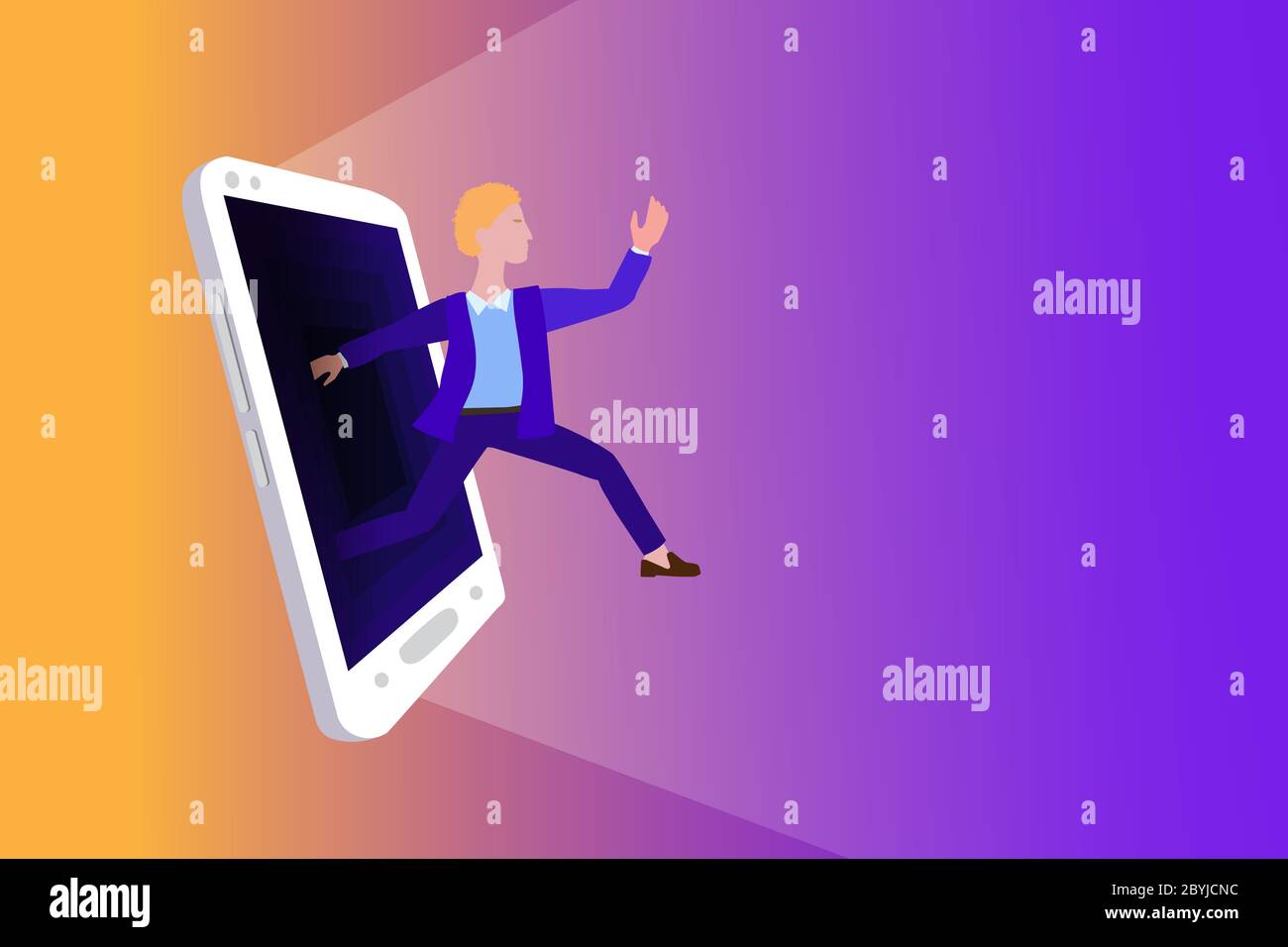 Escape from social media addiction. guy runs out of the smartphone ...