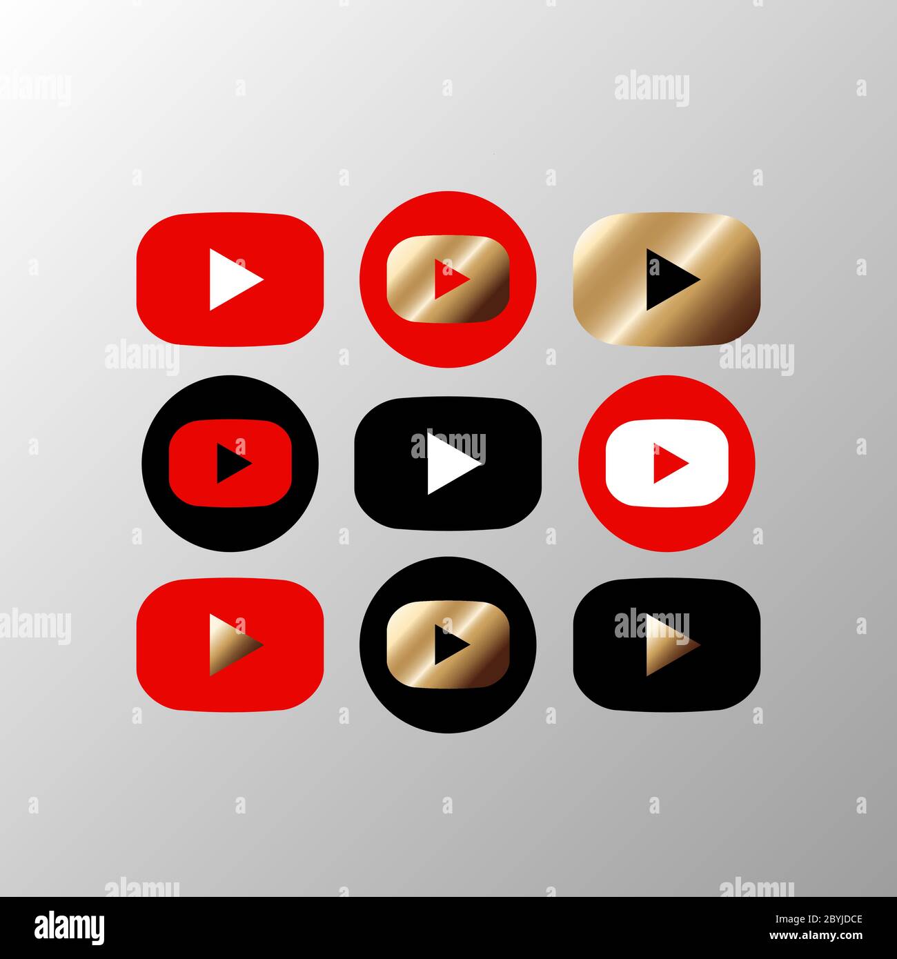 Media player button icon set in black red gold color on an isolated ...