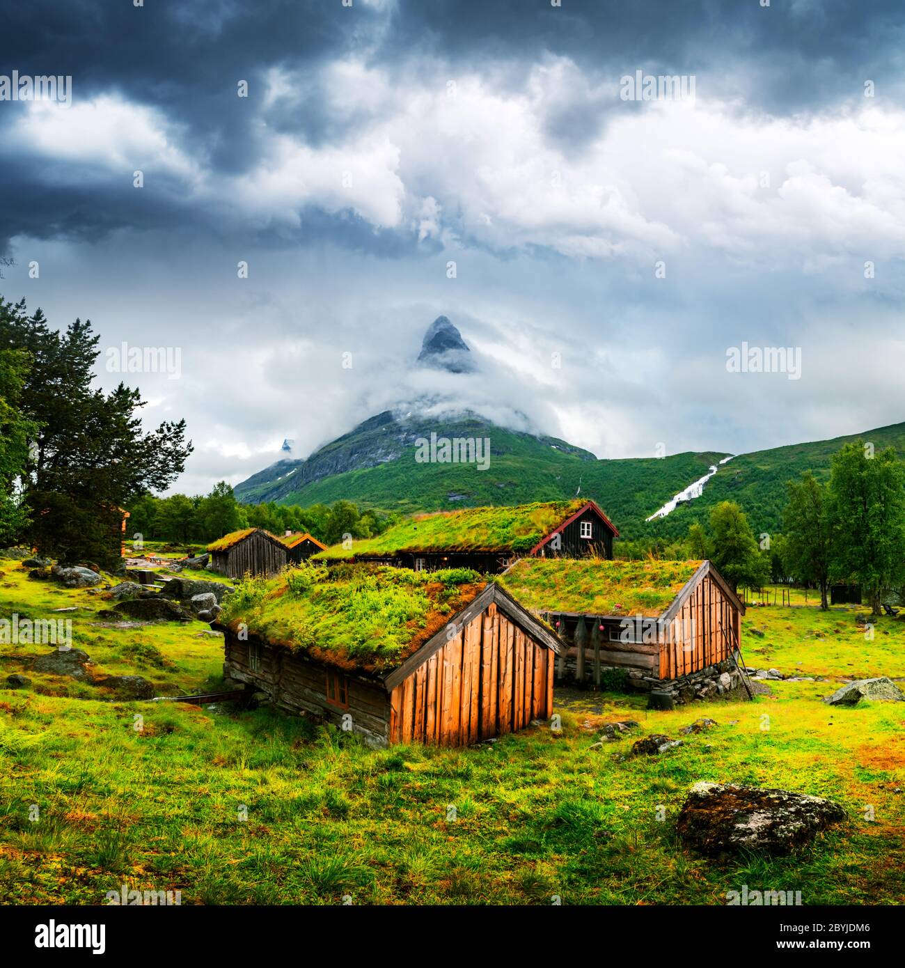 Typical norwegian old wooden houses with grass roofs in Innerdalen ...