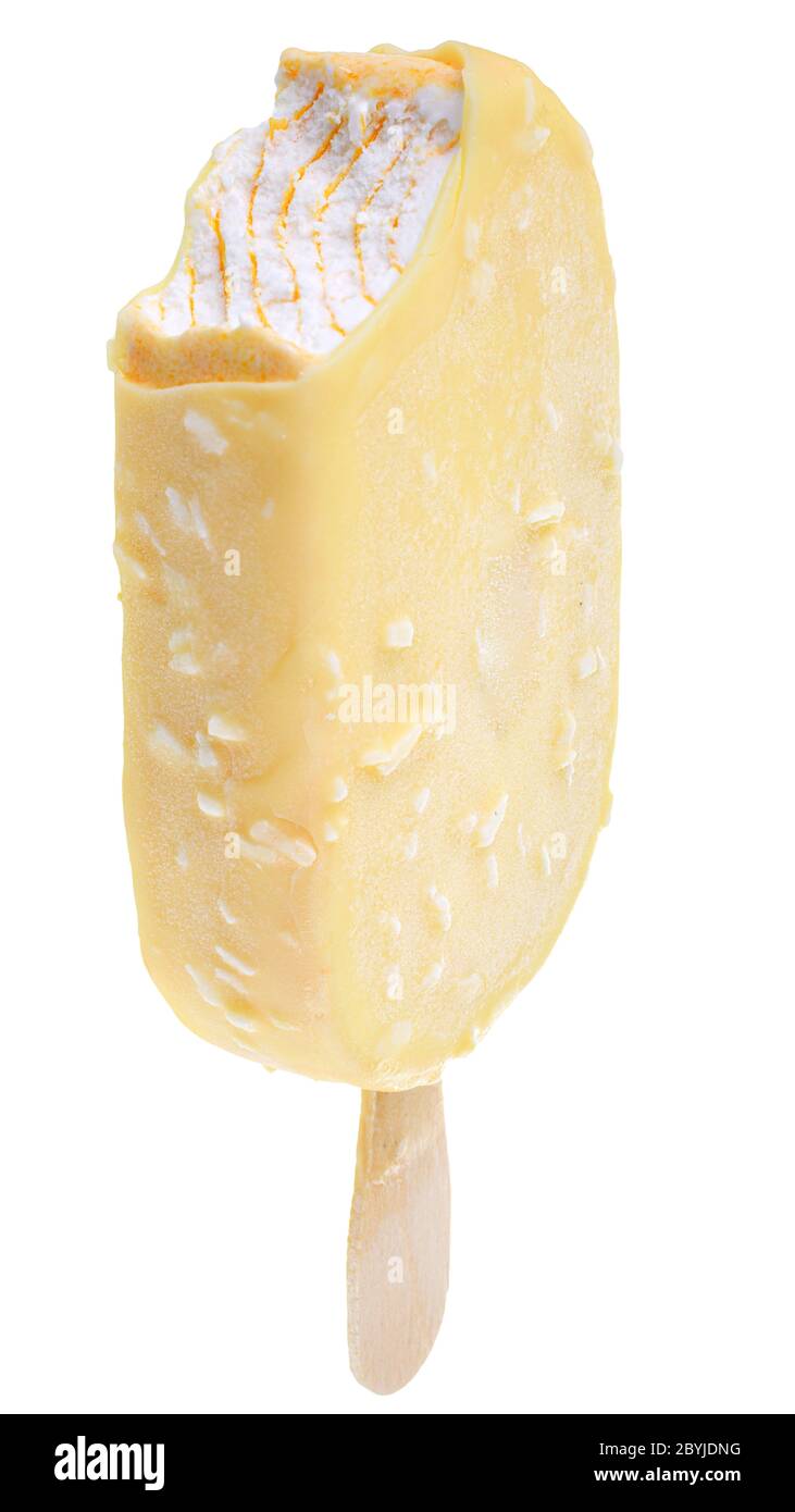Bitten ice cream on a stick covered in white chocolate isolated Stock ...