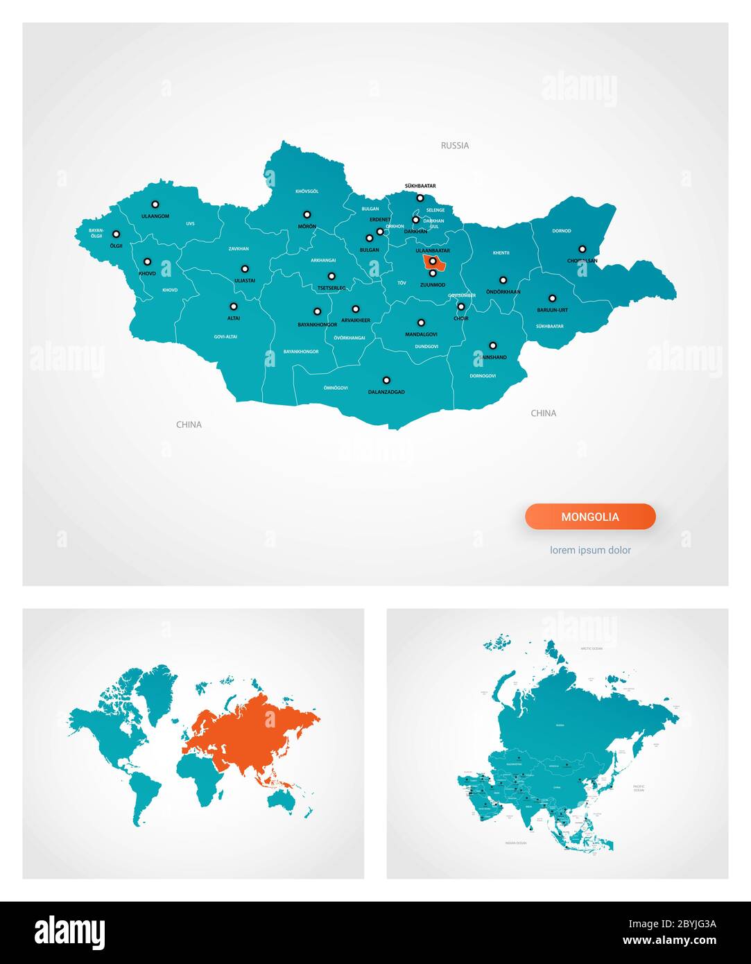 Editable template of map of Mongolia with marks. Mongolia on world map ...