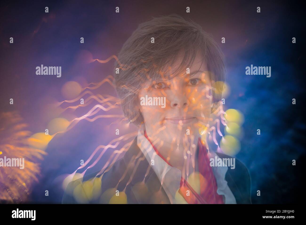 Woman and Fireworks in Switzerland Stock Photo - Alamy