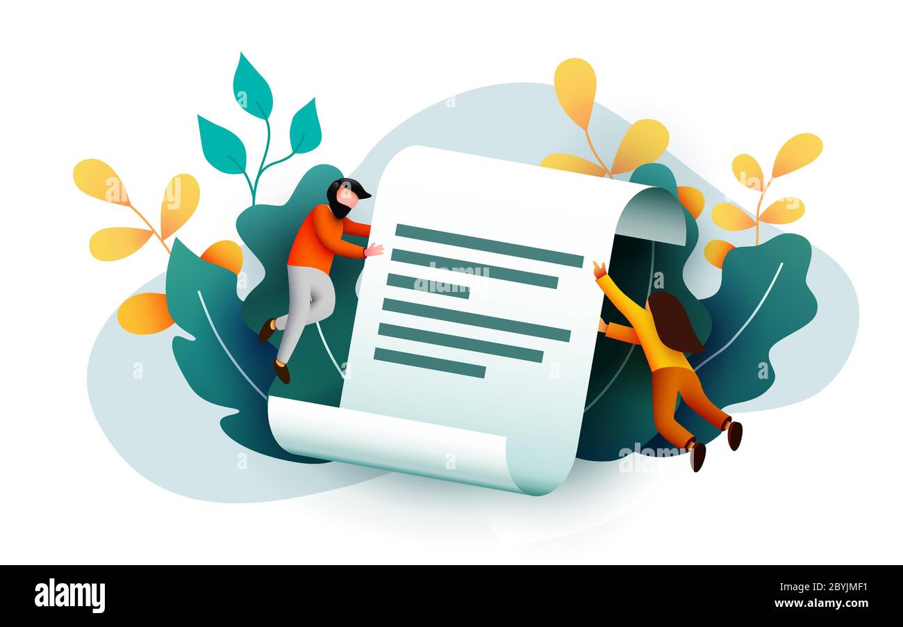 Small people flying around paper document. Agreement or contract. Terms ...