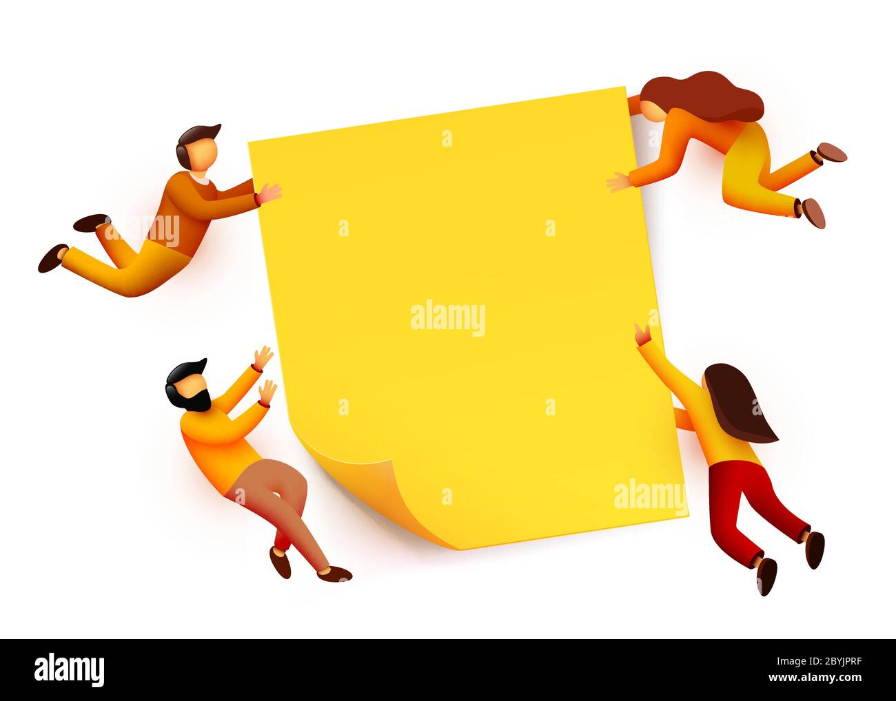 People flying around blank yellow sticky note. Team concept. Modern ...