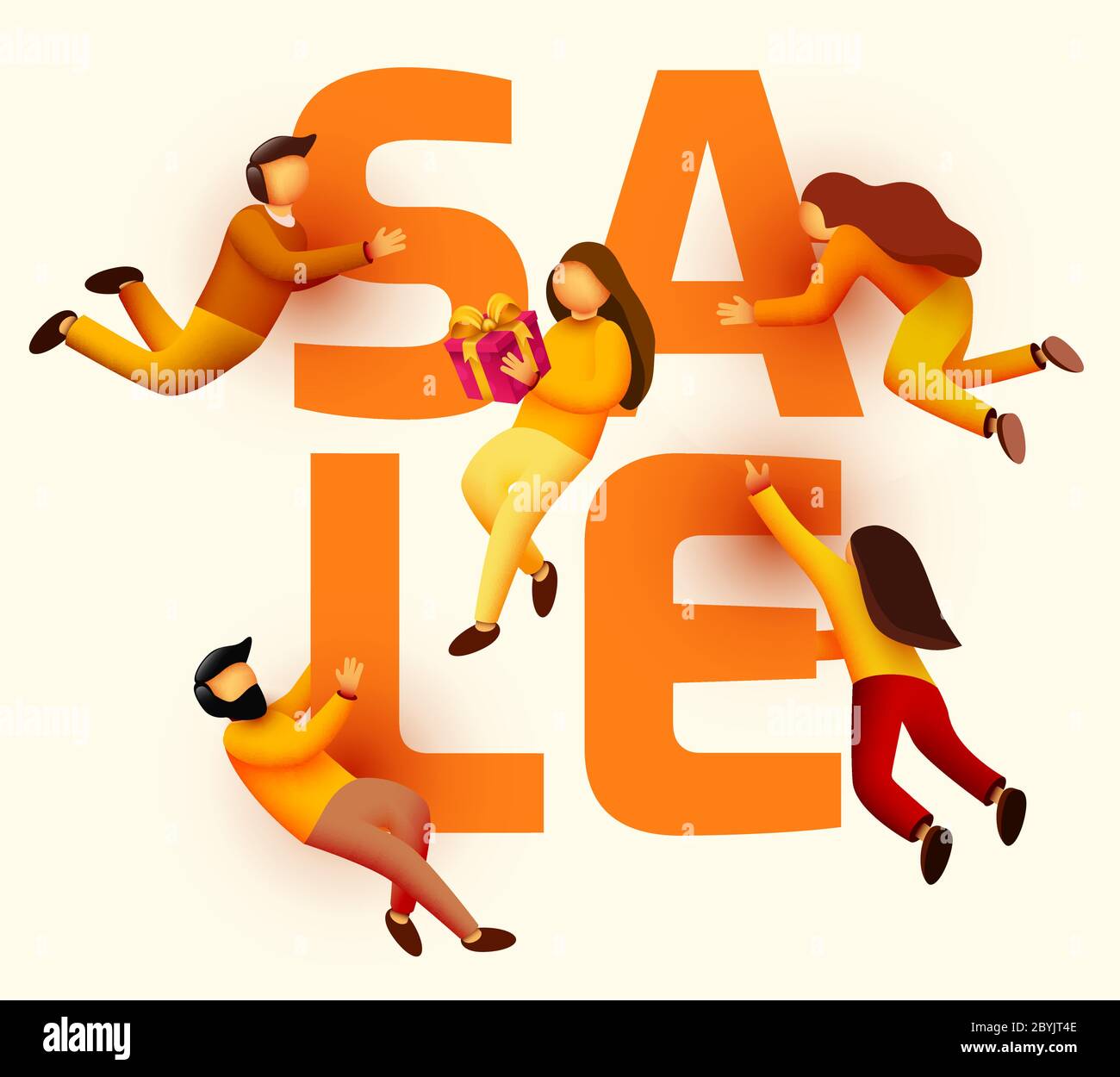 Group of flying people around sale word. Promotion banner. Small people ...