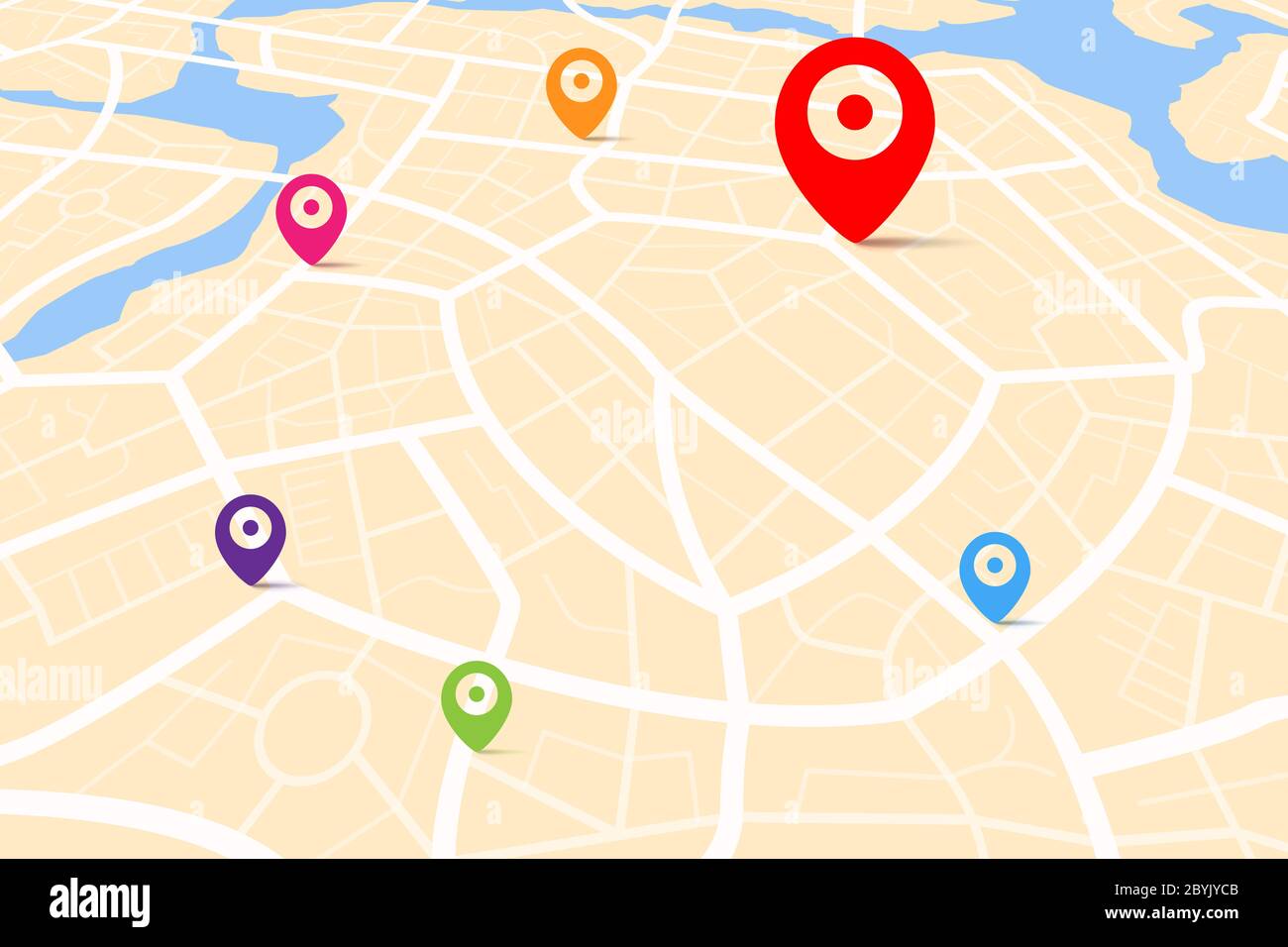 Map with destination location point, Aerial clean top view of the day ...