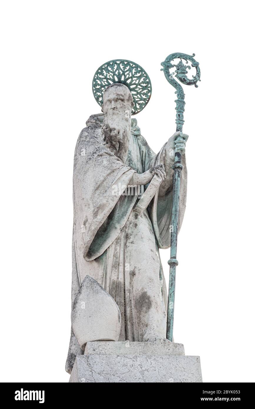 Holly priest with crook and nimbus at the roof of Church of San Giorgio ...