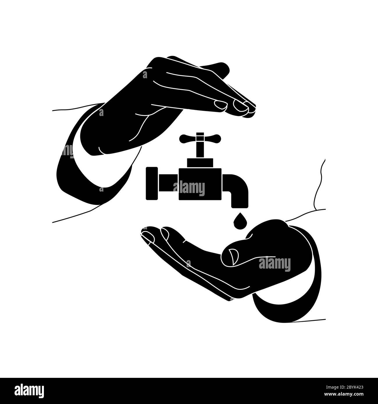 Hands holding a water tap icon flat logo in black and white on isolated ...