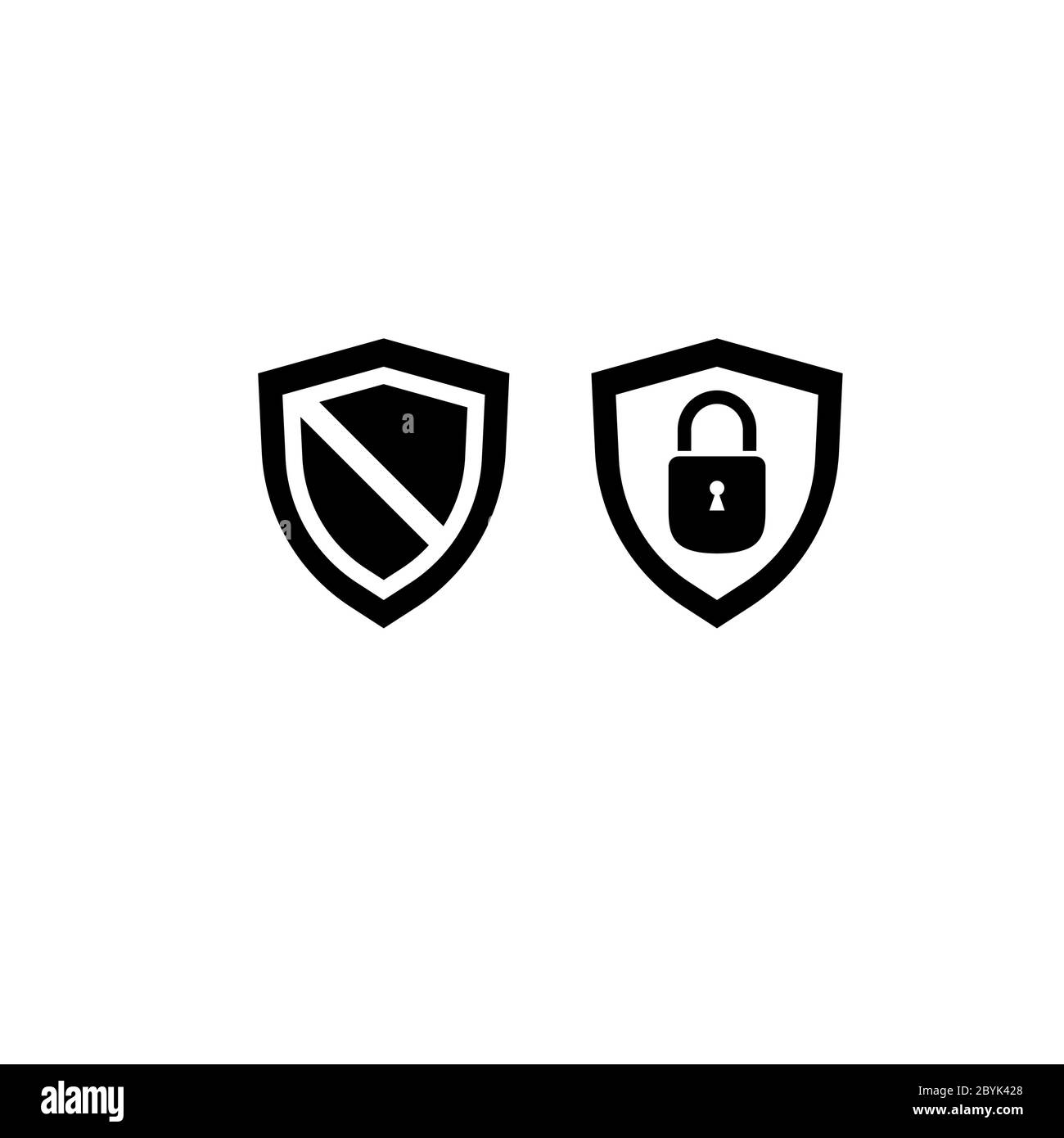 Protection shield and safety icon in black on isolated white background ...