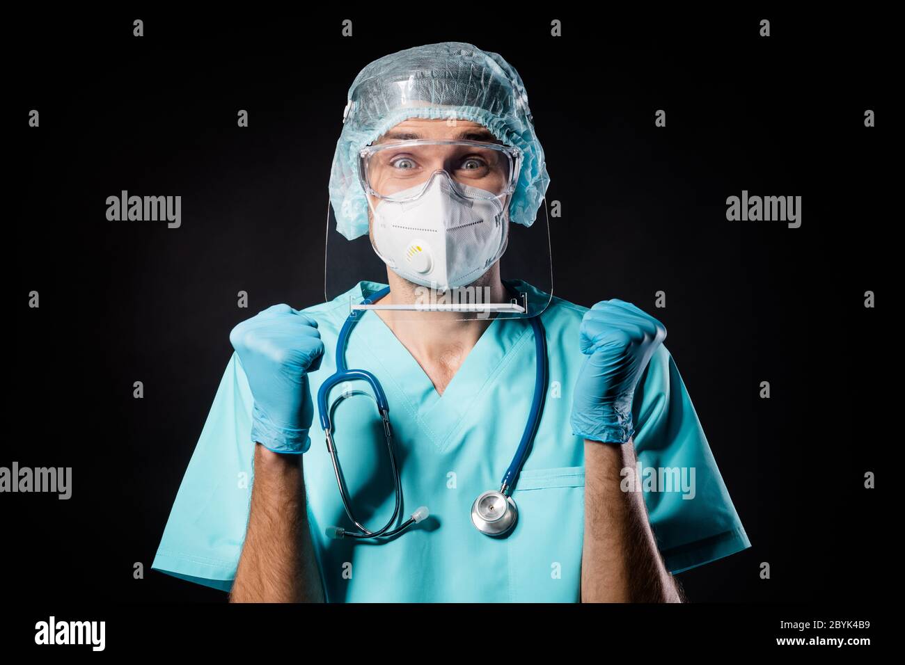 Photo of guy doc surgeon successful professional happy emotions raise ...