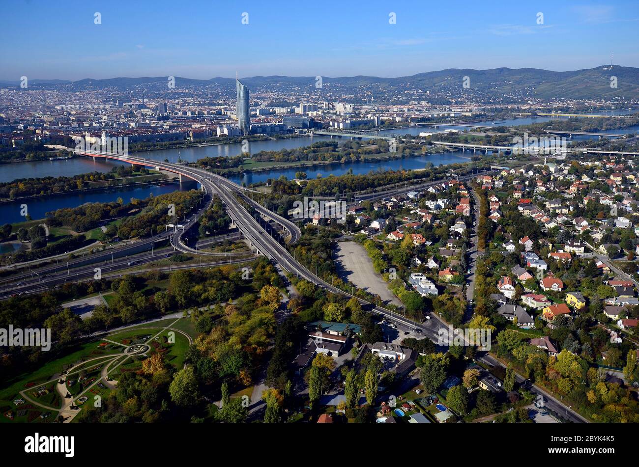 Austria, Vienna, cityscape with Danube River, Millennium Tower ...